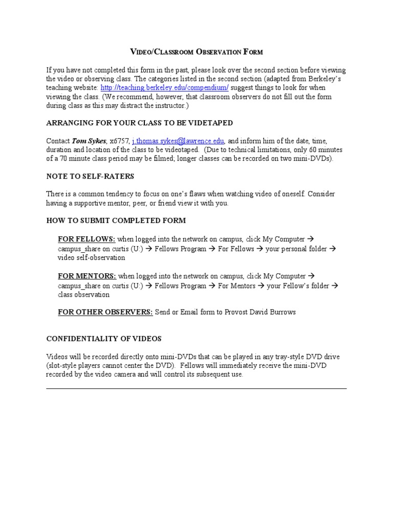 Video Classroom Observation Form | PDF | Educational Psychology | Cognition