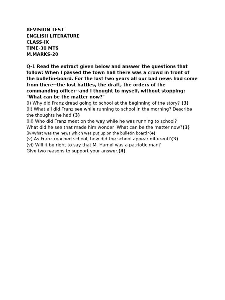 Class IX English Literature Revision Test | PDF