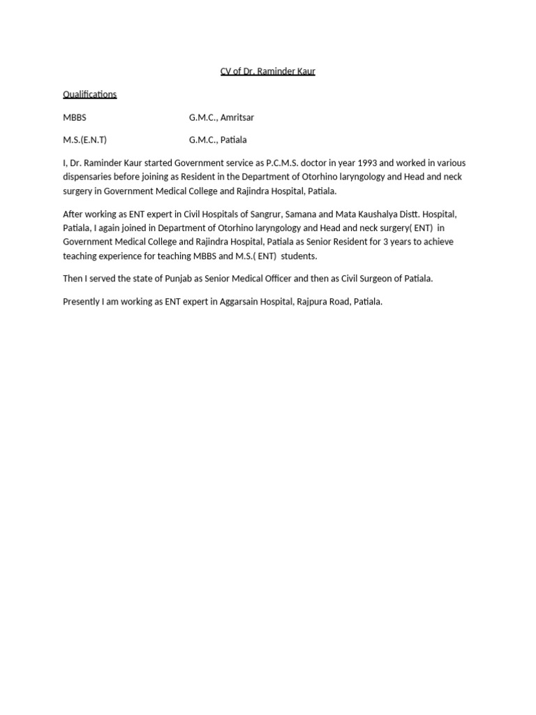 CV of Dr. Raminder Kaur, ENT Specialist | PDF