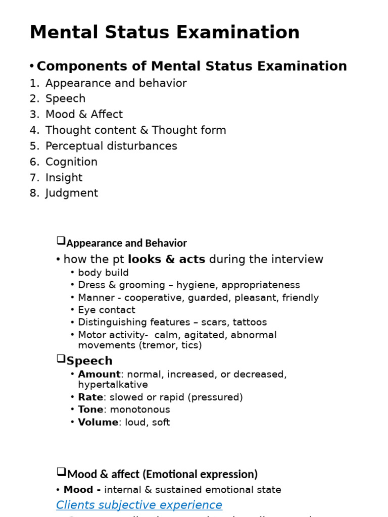 Mental Status Examination Guide | PDF | Mental Processes | Psychology