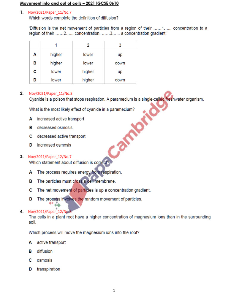 2021N Movement Into and Out of Cells IGCSE 0610 | PDF