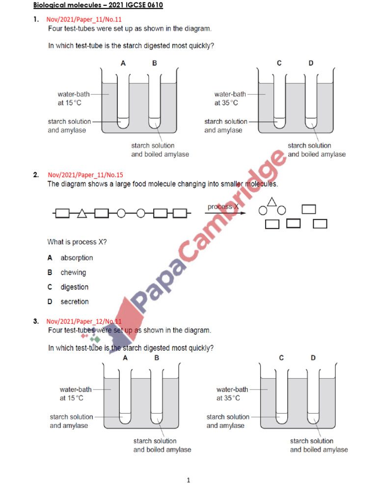 IGCSE 2021 Biological Molecules Exam Papers | PDF