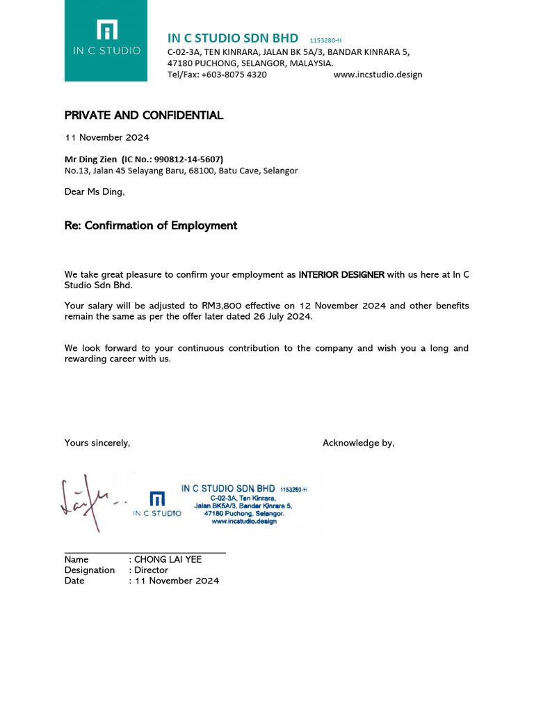 In C Confirmation Letter - Ding Zien | PDF