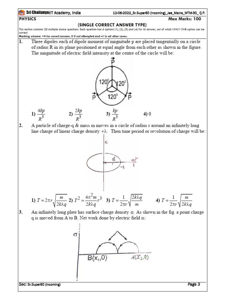 JEE Mains Physics Practice Questions | PDF | Electric Field | Quantity
