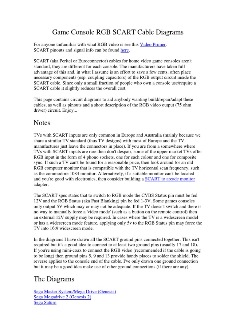 Game Console RGB SCART Cable Diagrams | PDF | Television | Display ...