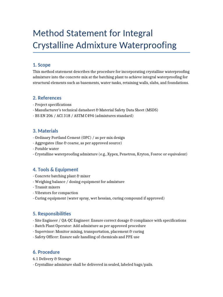 Method Statement Crystalline Waterproofing | PDF | Concrete | Cement