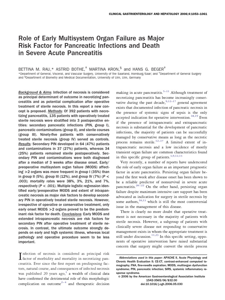 Rau2006 Early Multisystem Organ Failure | PDF | Infection | Sepsis