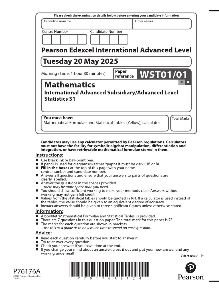 Edexcel A Level Statistics S1 Exam Paper | PDF | Mathematics | Calculator