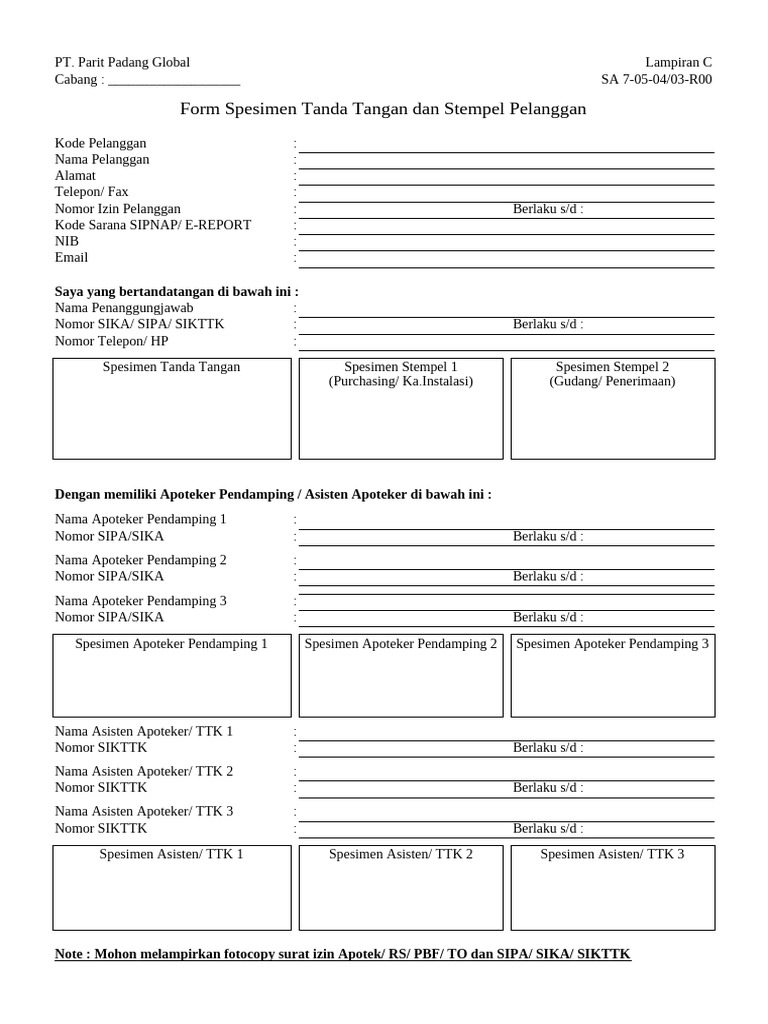 Form Spesimen Tanda Tangan Dan Stempel Pelanggan, Lamp C | PDF