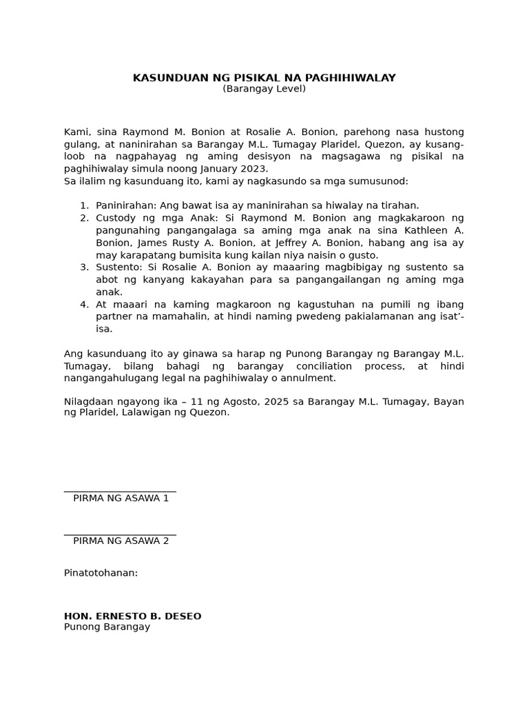 Kasunduan NG Pisikal Na Paghihiwalay | PDF