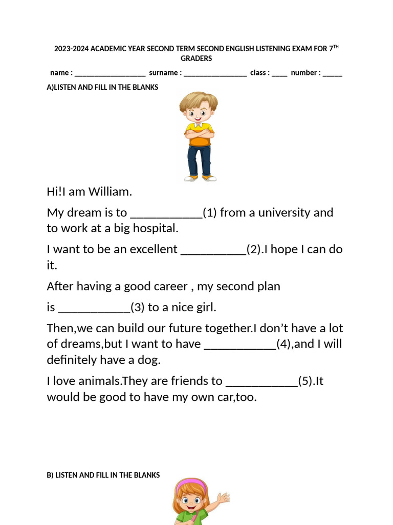 7th Grade English Listening Exam 2023-24 | PDF