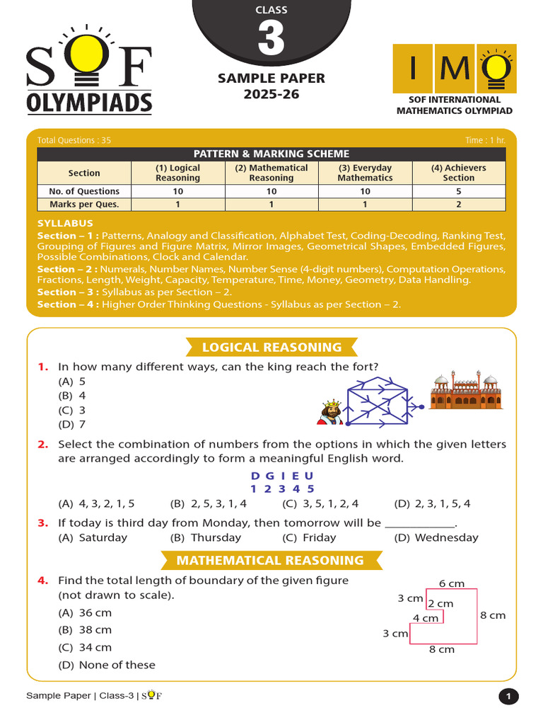 Class 3 Sample Paper: Math & Logic | PDF | Geometry | Mathematics