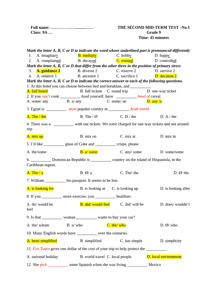 Grade 9 Mid-Term Test Questions | PDF