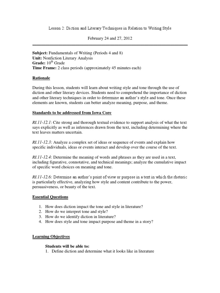 Diction and Style Lesson 2 | PDF | Framing (Social Sciences ...