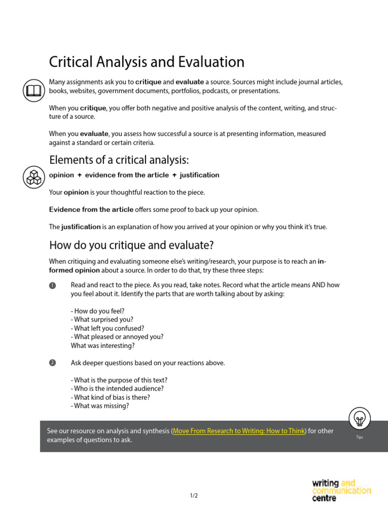 Critical Analysis and Evaluation | PDF | Critical Thinking | Evaluation