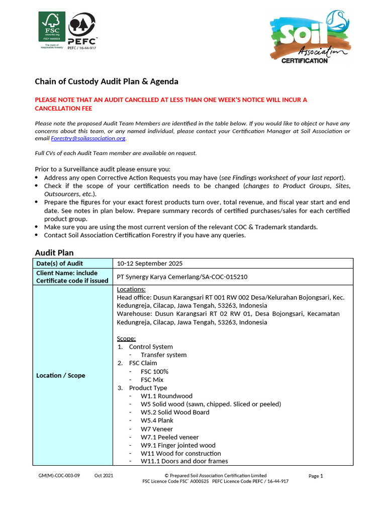 GM (M) - COC-003-09 COC Audit Plan S1 - PT Synergy Karya Cemerlang ...
