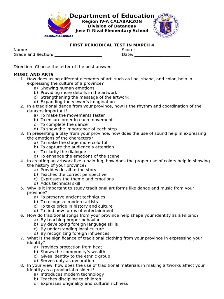 MAPEH 4 Periodical Test: Music & Arts | PDF