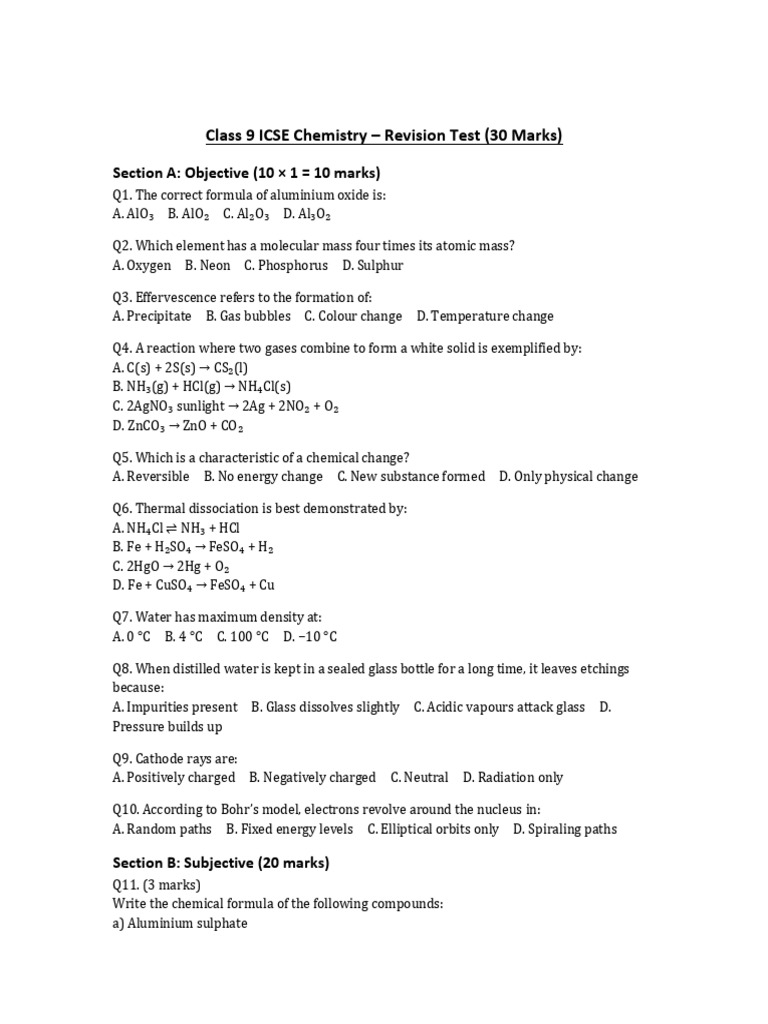 Class9 Chemistry Revision Test | PDF