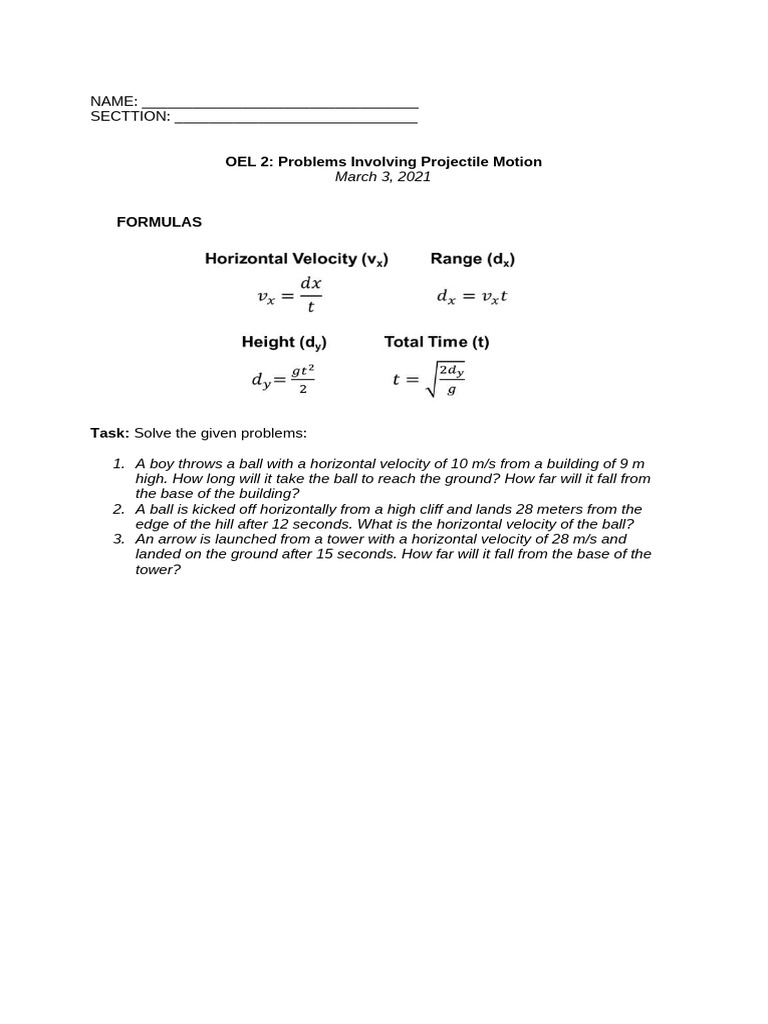 Projectile Motion Problem Set | PDF