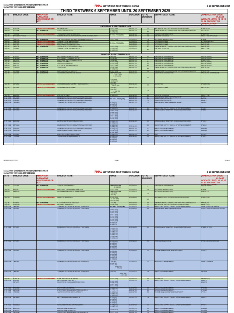 2025 Final Test Week Schedule | PDF | Engineering | Electrical Engineering