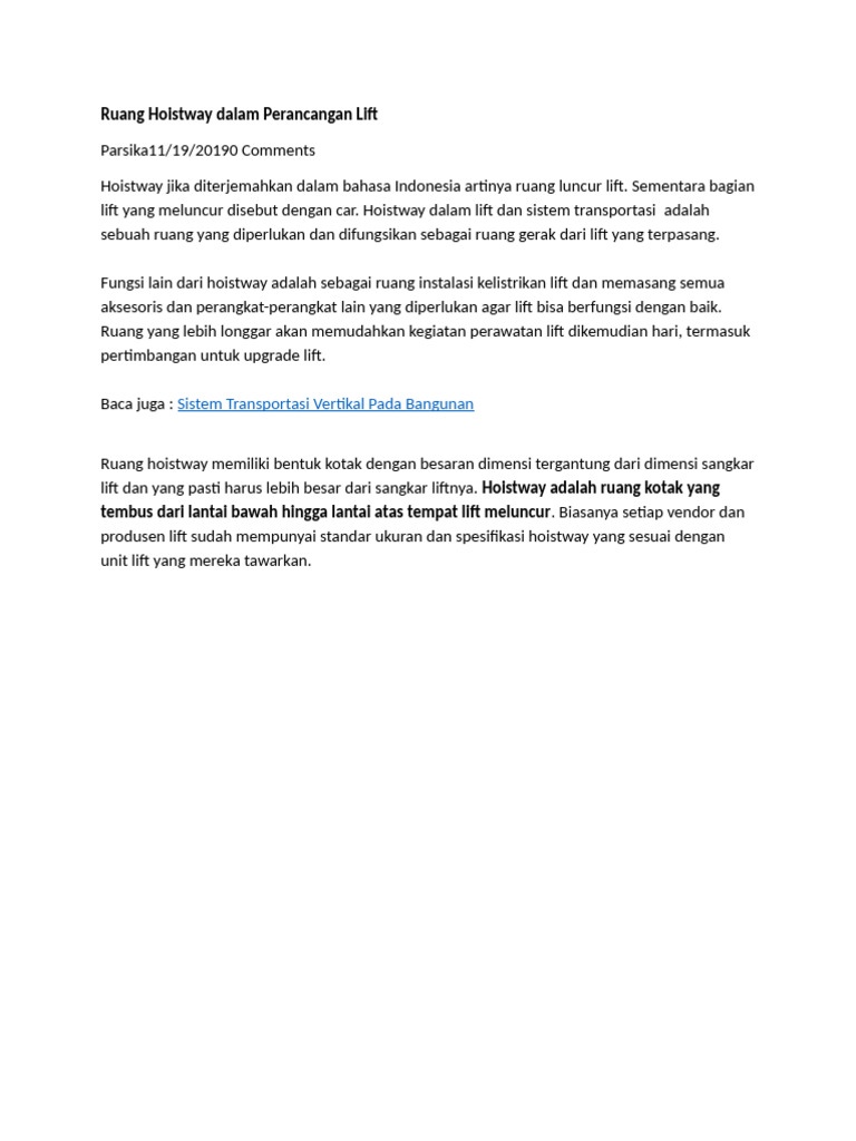DED - Ruang Hoistway Dalam Perancangan Lift | PDF