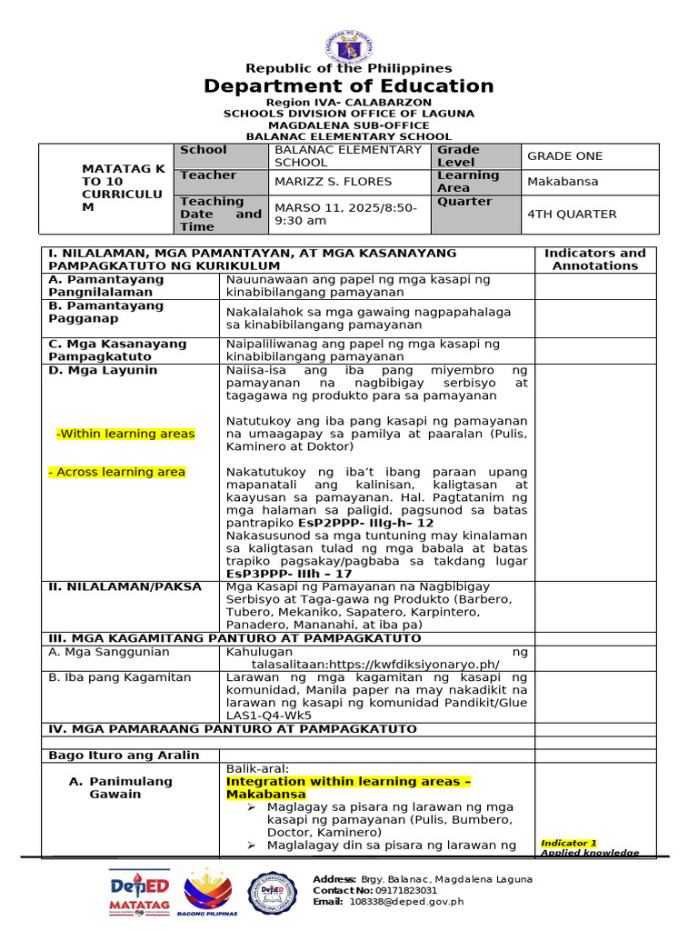 Lesson Plan Matatag With Indicators and Annotations-Makabansa | PDF