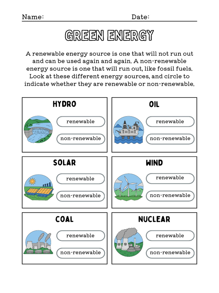 Green Energy Science Worksheet in Colorful Illustrative Style | PDF
