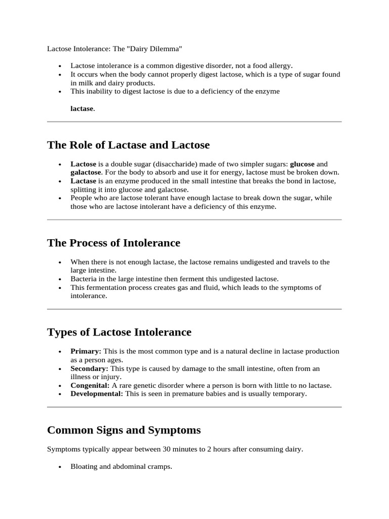 The Role of Lactase and Lactose | PDF