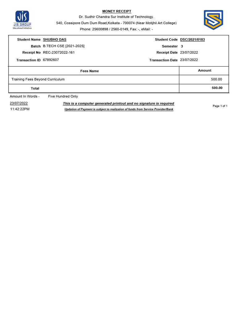 Money Receipt for Training Fees | PDF