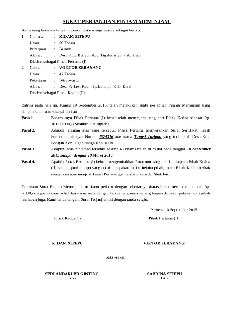 Surat Perjanjian Pinjam Meminjam | PDF