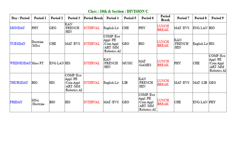 Class: 10th & Section: DIVISION C: Monday | PDF
