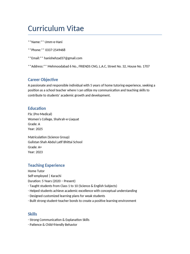 Umm e Hani - CV | PDF