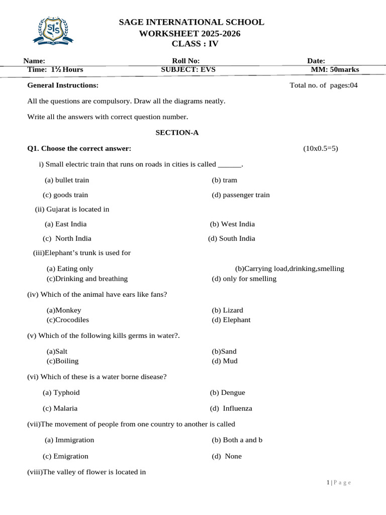 Evs Worksheet Grade 4 2025-26 | PDF
