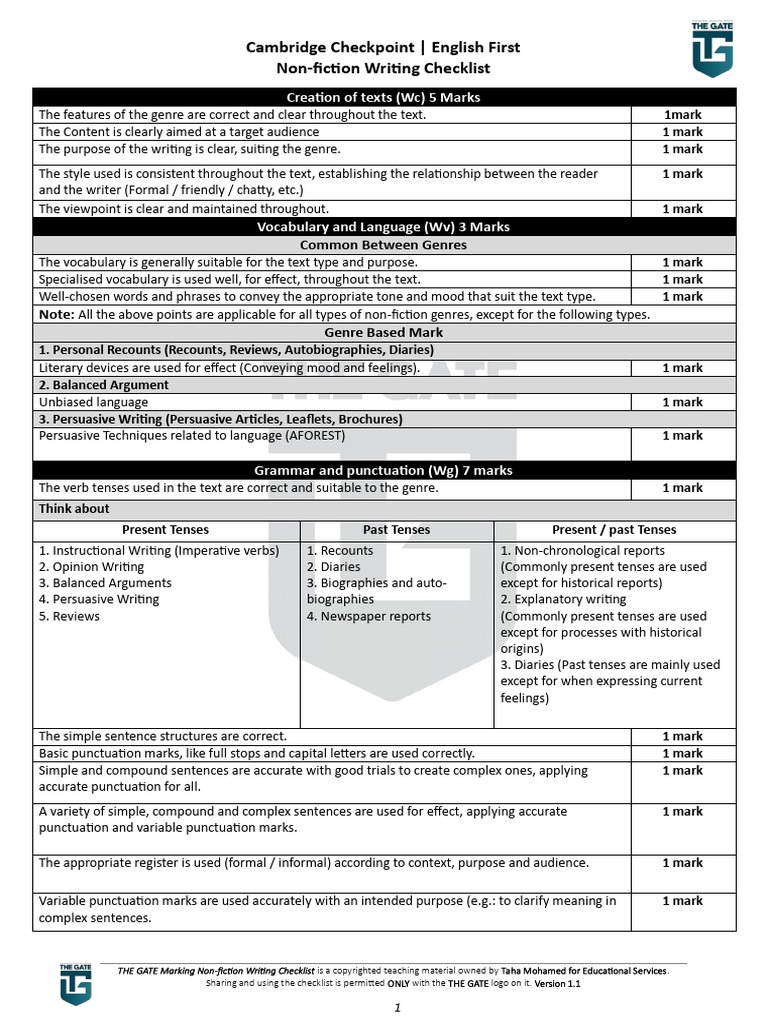 Marking Non-Fiction Writing Checklist 2 | PDF | Grammatical Tense | Non ...