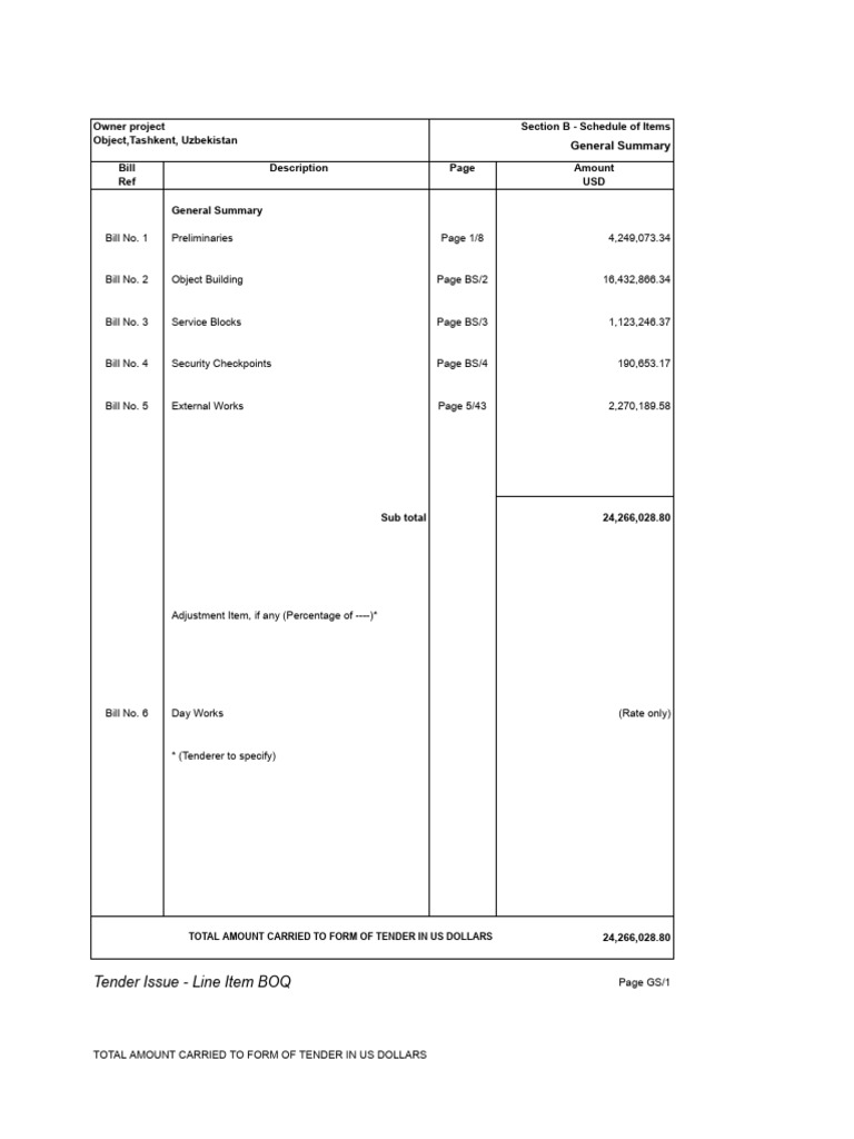 Owner Project Section B - Schedule of Items Object, Tashkent, Uzbekistan Bill Description Amount ...