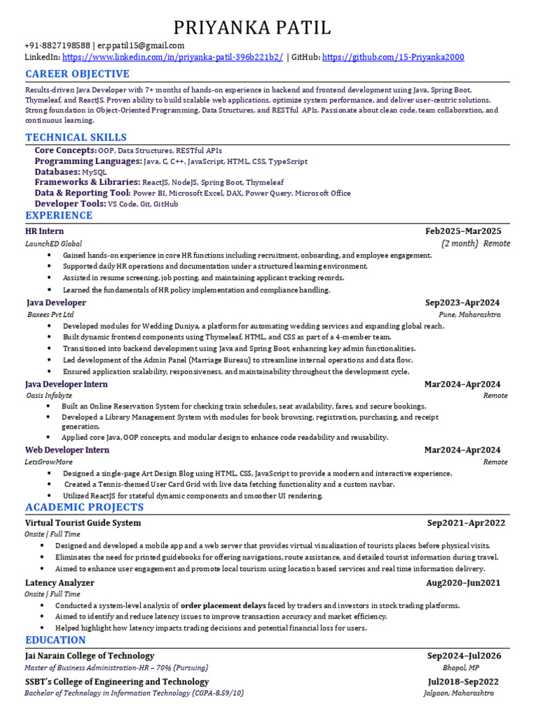 Priyanka Patil Resume | PDF | Java (Programming Language) | Object Oriented Programming