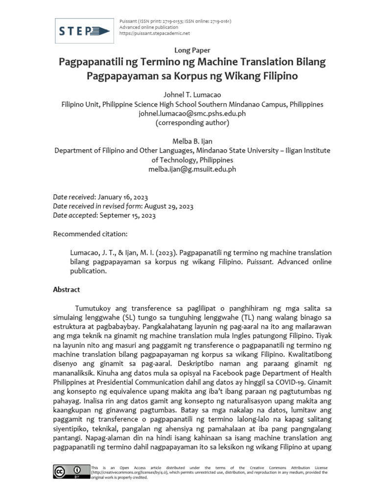 Pagpapanatiling Terminong Machine Translation Bilang Pagpapayamansa ...