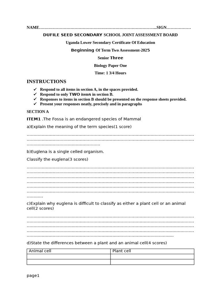 Biology Assessment for Senior Three Students | PDF | Bacteria | Organisms