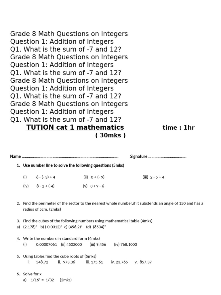 Grade 8 Integer Math Questions | PDF