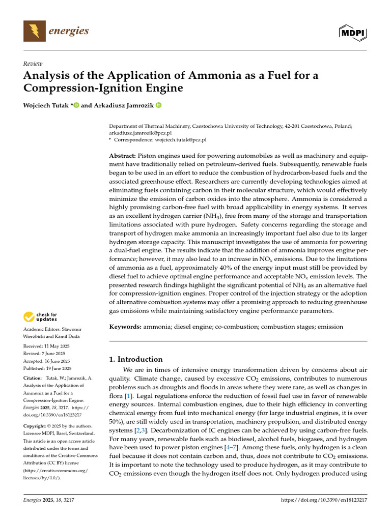 Ammonia as Fuel for Compression-Ignition Engines | PDF | Internal ...