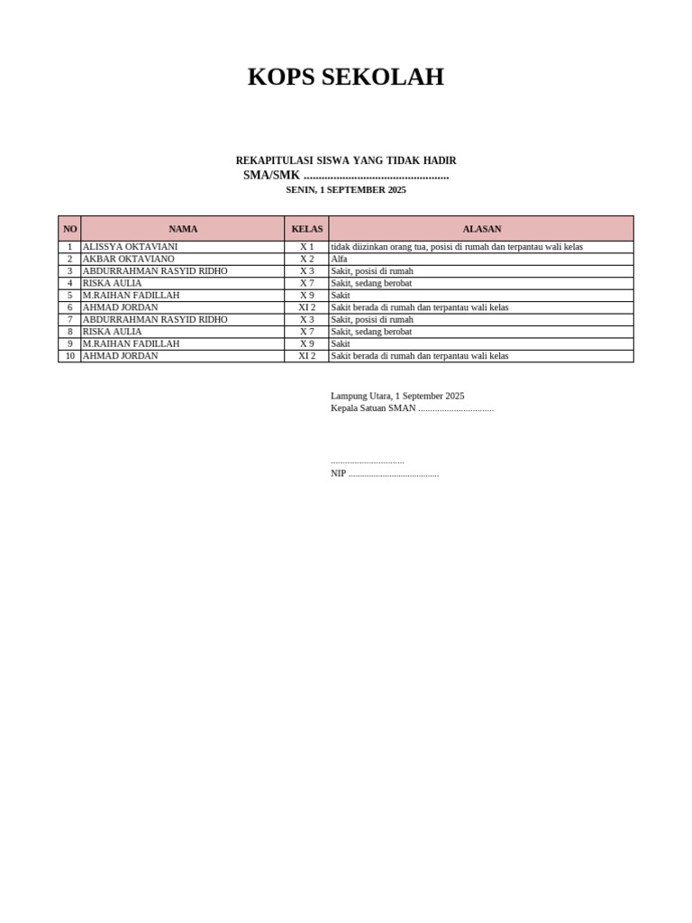 Contoh Rekap Absensi Siswa Yang Tidak Hadir Untuk Diunggah | PDF