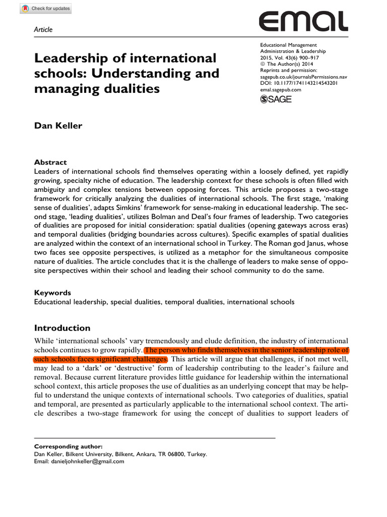 Managing Dualities in International School Leadership | PDF ...