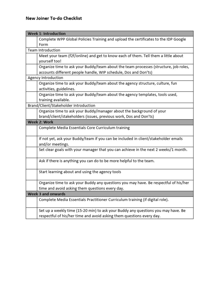Buddy Program - New Joiner Checklist | PDF