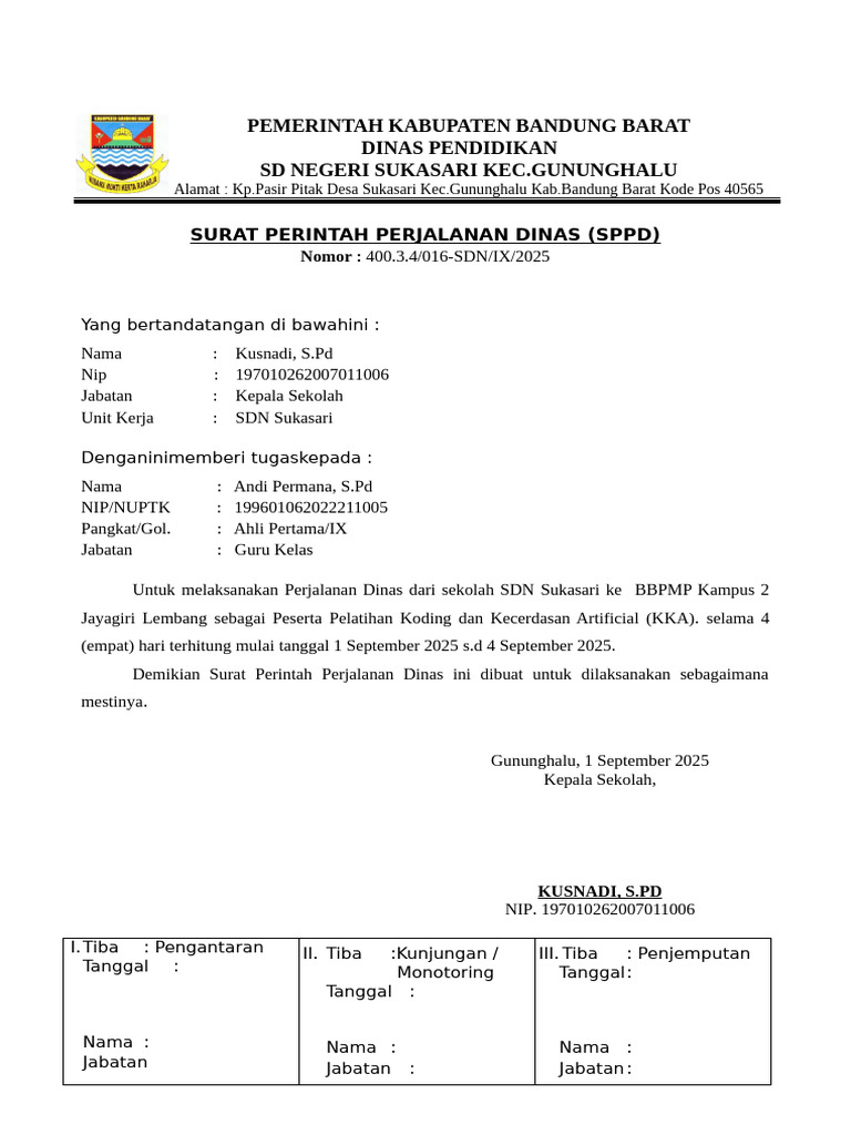 Surat Perintah Perjalanan Dinas SPPD PPL | PDF