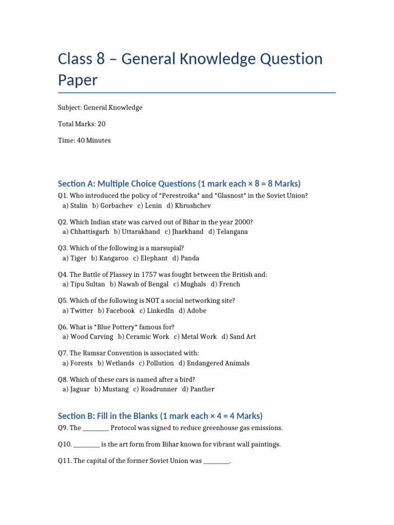 Class 8 GK Question Paper | PDF