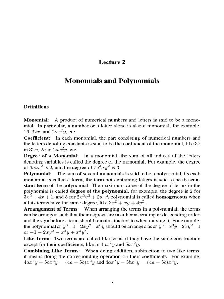 Monomials and Polynomials Explained | PDF | Polynomial | Discrete ...