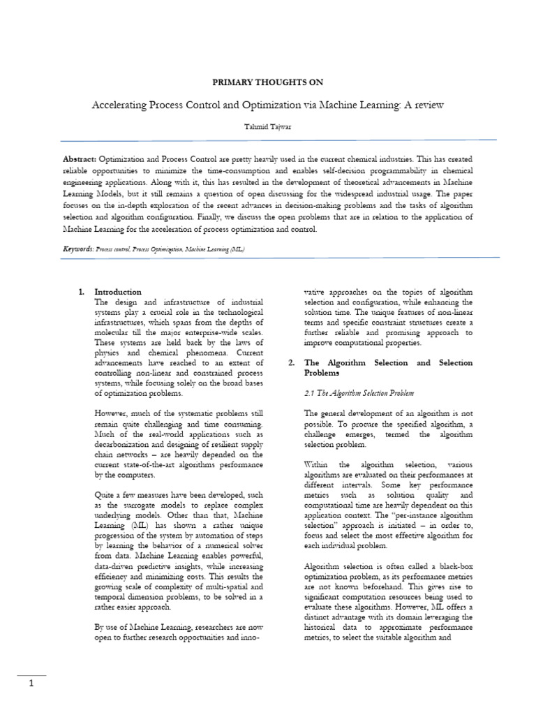 Primary Thoughts On The Acceleration of Process Control and Optimization Via Machine Learning ...