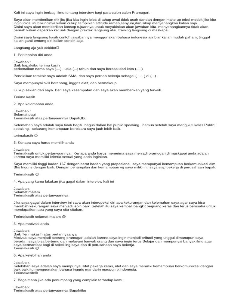 Contoh Interview Bahasa Indonesia Pramugari | PDF