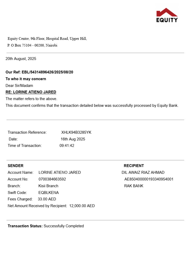 Equity Bank Transaction Confirmation | PDF