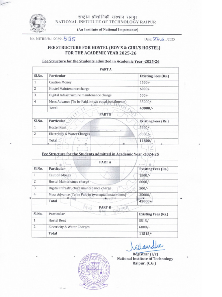 Hostel Fees Structure For AY 2025-26 | PDF